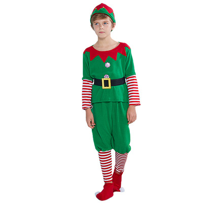 现货经典儿童圣诞小精灵服装中性绿色绒布铃铛8件套elf costumes
