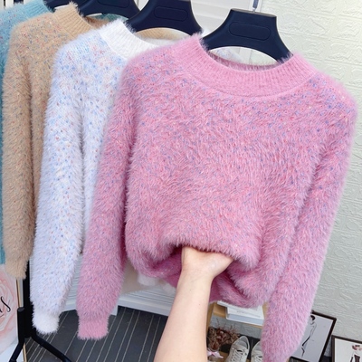 圆领彩色花线水貂绒毛衣