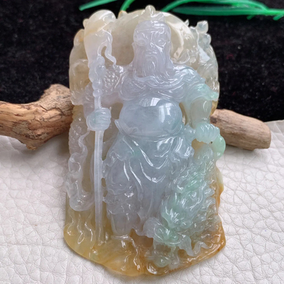 lz实拍75.2*44*18.8缅甸翡翠A货双彩黄翡立体关公牌吊坠 关二爷