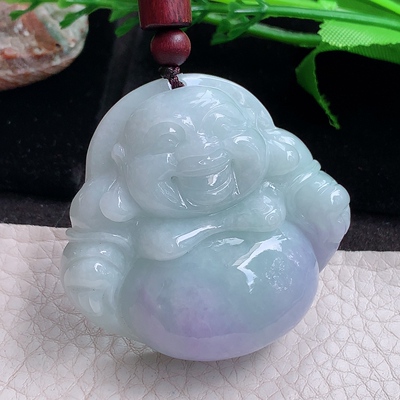 zen实拍45*48.8*15.5天然缅甸翡翠胶感饱满飘紫佛公 开心佛玉吊坠