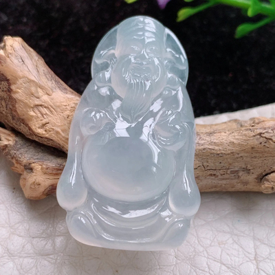 lz实拍34.8*20*5.8天然翡翠吊坠白冰种财神爷吊坠 招财玉挂件财爷