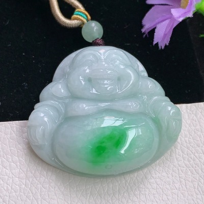 zen实拍39.5*43.9*12.6老坑精雕饱满飘阳绿翡翠佛公 开心佛玉吊坠