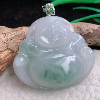 zz自然光缅甸翡翠A货飘花大佛公 弥勒佛玉吊坠 玉坠32*35.3*6mm