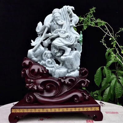 天然缅甸翡翠乌鸡种飘绿精雕一本万利(渔翁得利)开业大摆件4.61Kg