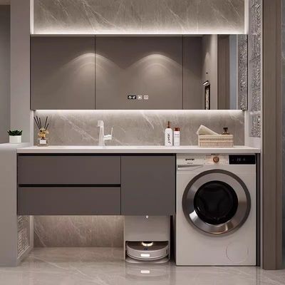 现代简约风岩板无缝陶瓷一体盆浴室柜组合岩板热弯盆洗漱台面