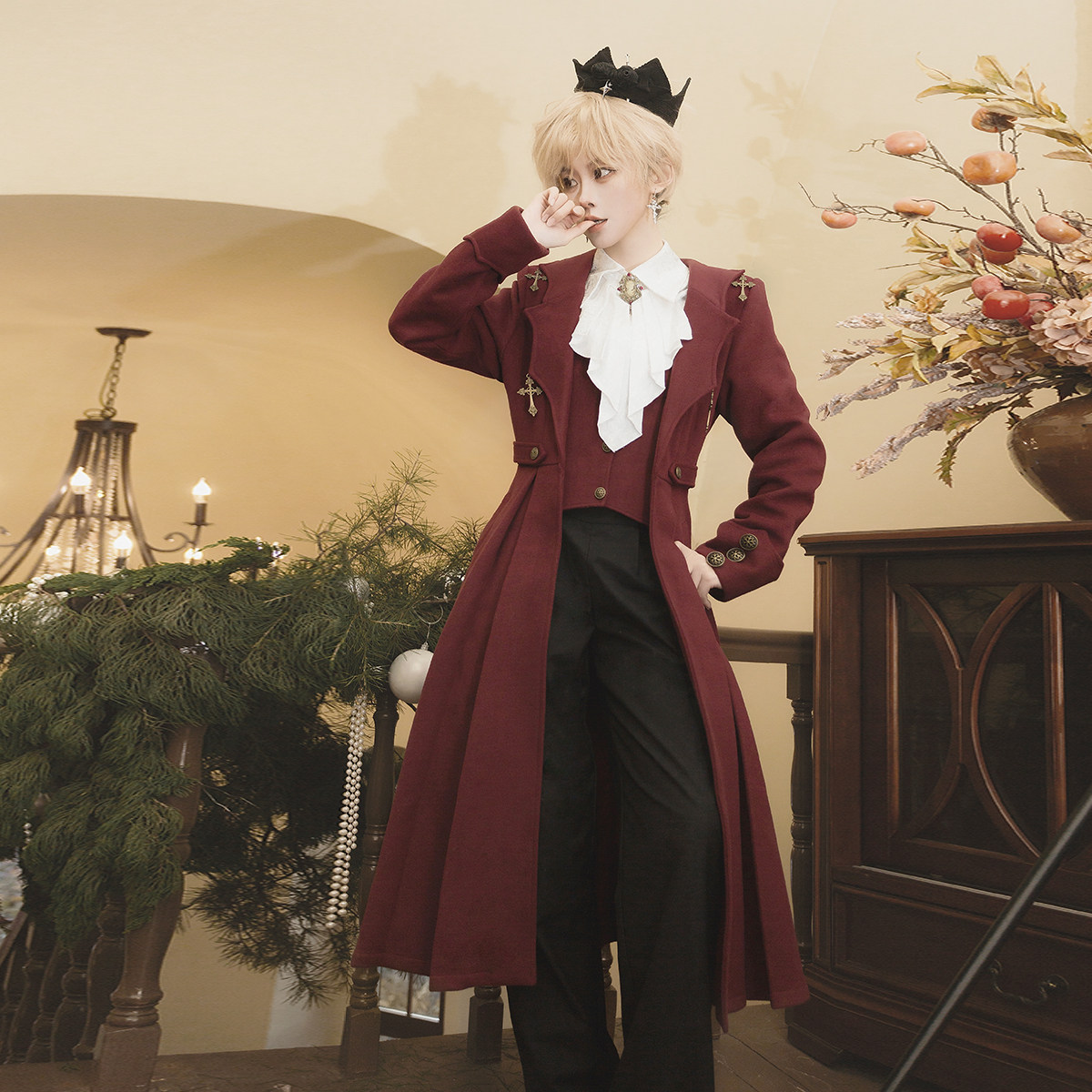 原创正版王子装洛丽塔酒红色大衣男士Lolita私设套装cosplay外套