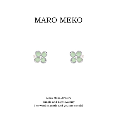 MaroMeko925银绿色小花纯银耳钉