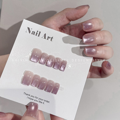 渐变高亮猫眼薰衣草浅紫穿戴甲短方圆爆闪显白高级感新款美甲贴片