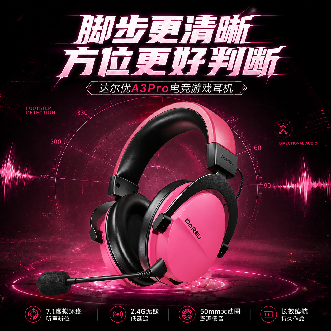 达尔优A3pro头戴式蓝牙无线四模降噪麦克风听声辨位电竞游戏耳机