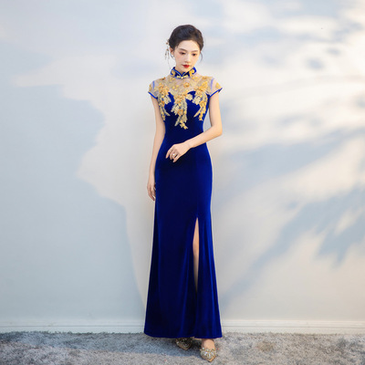 丝绒年轻款走秀旗袍深蓝色改良鱼尾开叉长款优雅演出服女中国风