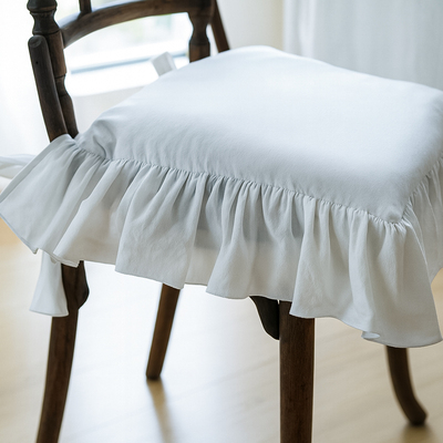 法式纯白色水洗棉坐垫绑带固定花边座垫可拆洗布艺加厚实木椅子垫