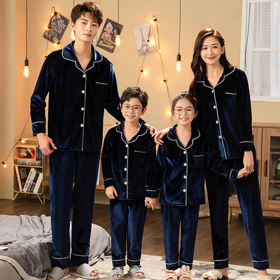 休闲金丝绒春秋一家三口亲子睡衣