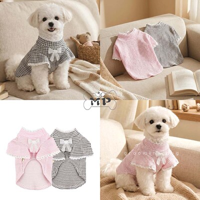 韩代宠物蝴蝶结蕾丝花边格子上衣