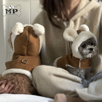 韩代麂皮羊羔绒可爱耳朵连帽胸背