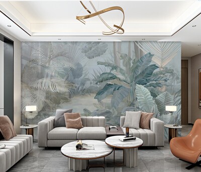FJ01160电视墙沙发墙餐厅欧式风格油画芭蕉叶热带雨林3D高清无缝