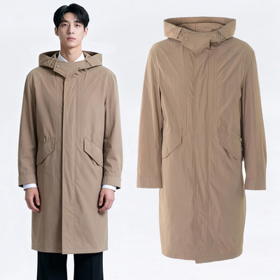 米色纯色连帽韩版中长薄款风衣