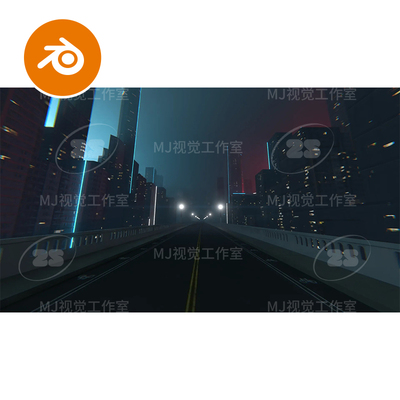 Blender城市晚上马路公路建筑高楼夜晚黑暗模型建模渲染工程3194