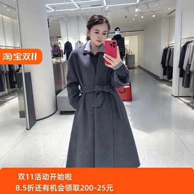 冬季极简灰系带收腰羊毛呢大衣