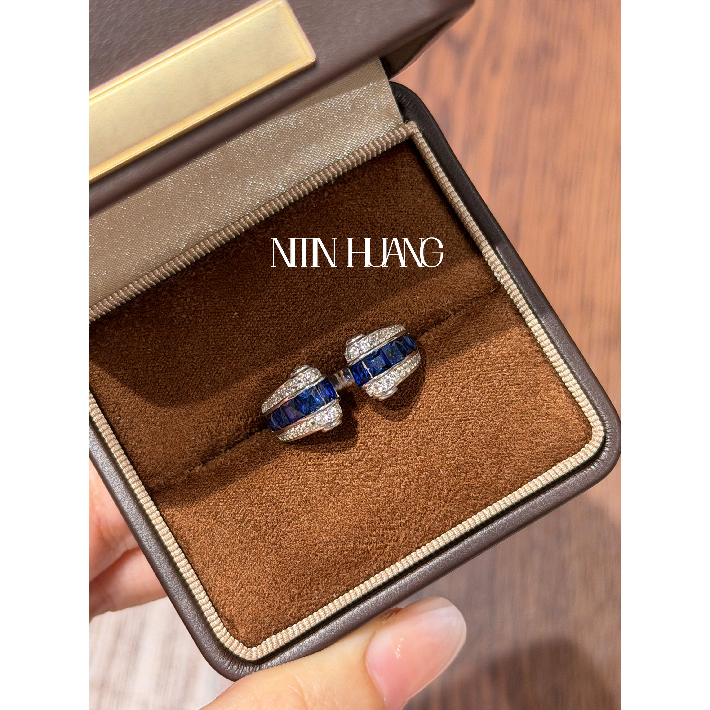 NITIN HUANG 培育蓝色蓝宝石高级时尚戒指通体925银镀真金
