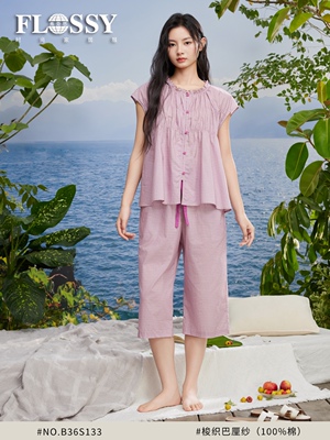 弗劳思 26年新款梭织巴厘纱100%棉落肩袖七分裤睡衣家居服B36S133
