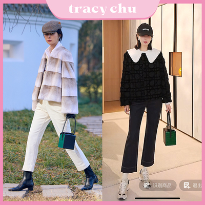 薄绒复古深蓝/白色九分牛仔裤