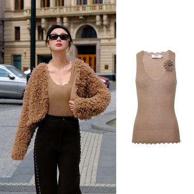 混丝橄榄棕色花朵胸针丝羊绒背心