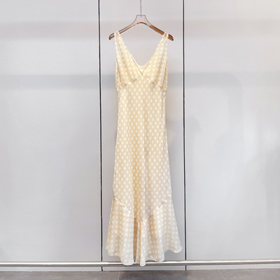 Re 2025夏季新款女装 连衣裙法式V领波点双层真丝斜裁中长连衣裙