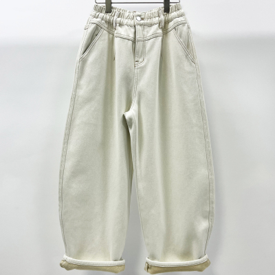 冬加绒牛仔女米白牛仔宽松弯刀裤