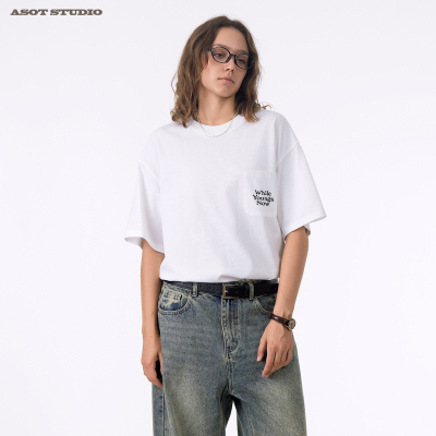 ASOT短袖T恤夏季日系无性别口袋宽松休闲短袖cozyfit纯色字母上衣