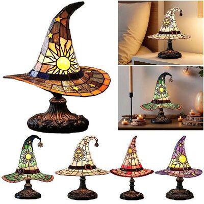 Stained Glass Witch Hat Lamp LED Night Light Resin Witch