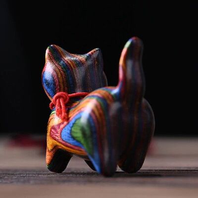 Rainbow Wood Carving Cat Sculptures Cat Ornaments Cute