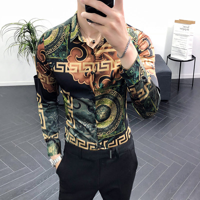 英伦修身复古印花衬衫秋季新品