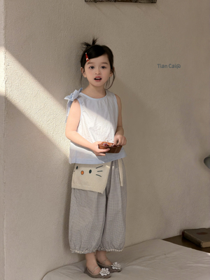 甜菜·26夏季新款女童韩系蝴蝶结背心2670格子灯笼裤26115