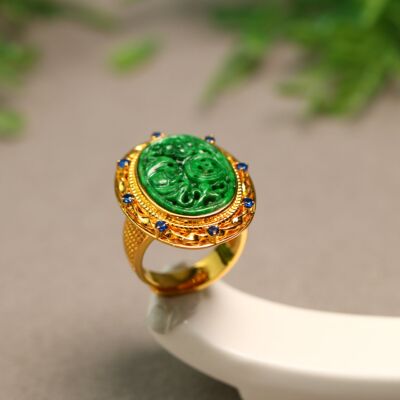 天然A货翡翠雕花活口戒指
