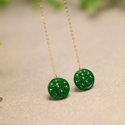 辣绿天然A货翡翠小圆福字耳坠