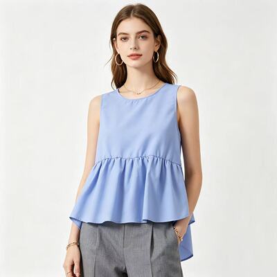 V9977外贸日单圆领无袖娃娃衫女夏季下摆褶皱宽松遮肉背心上衣