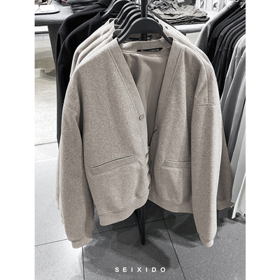 西班牙单！V领宽松毛呢夹克