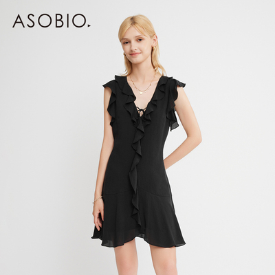 Asobio荷叶边莱赛尔雪纺V领连衣裙女夏季收腰百搭纯色无袖长裙146