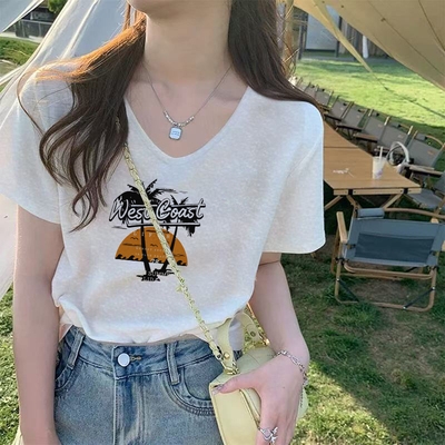 雪花棉v领短袖白t恤女夏季宽松大码休闲百搭印花体恤薄款微透上衣