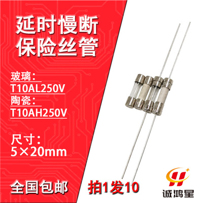 T10AH250V玻璃陶瓷保险丝管T10AL带引脚线延时慢断电源电视机10个