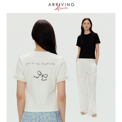 蝴蝶结印花蕾丝拼接短袖