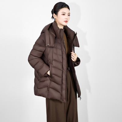 简约收腰中长款90白鸭绒连帽可拆高品质保暖羽绒服泡芙蓬松外套女