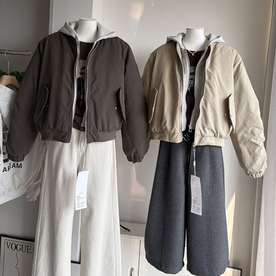 [比正]2026冬季新品韩版卫衣帽拼接假两件棉服女宽松夹棉外套7851