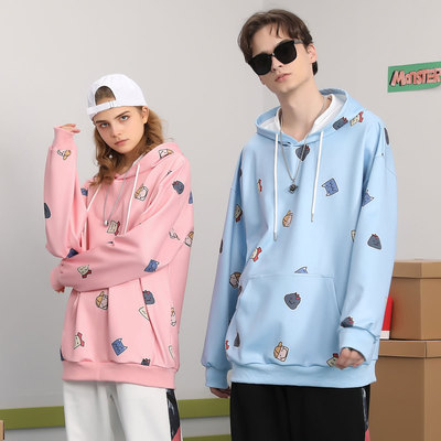 bt潮牌春秋季情侣卡通动漫满印袋鼠兜落肩袖连帽宽松卫衣男女同款