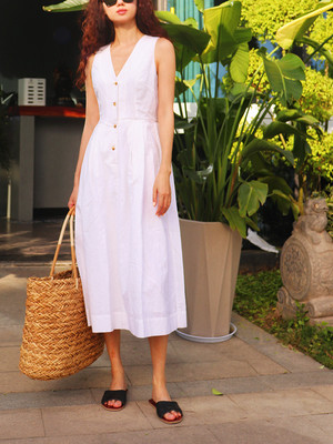 白色亚麻棉麻连衣裙无袖