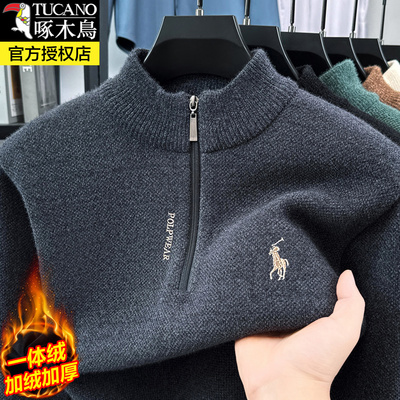 啄木鸟秋冬加绒加厚半高领毛衣男