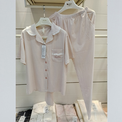 佳洁儿21567夏季女士短袖长裤小圆点丝光纯棉居家套装