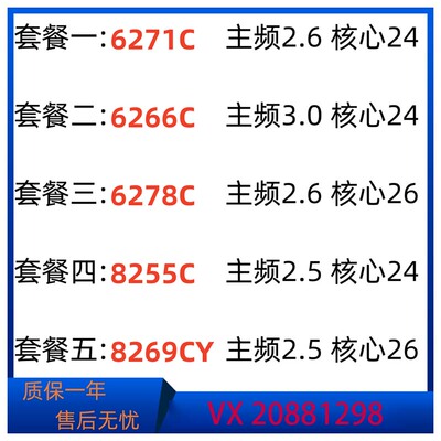 Intel至强8255C 6271C 6278C 6266C 8173M 8269CY正式2.6G 24核48