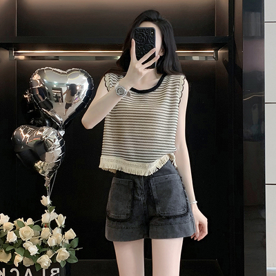 流苏条纹蕾丝无袖针织衫女夏季