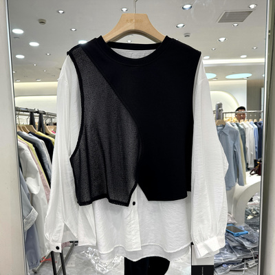 潮加淇8913假两件透气衬衫小衫